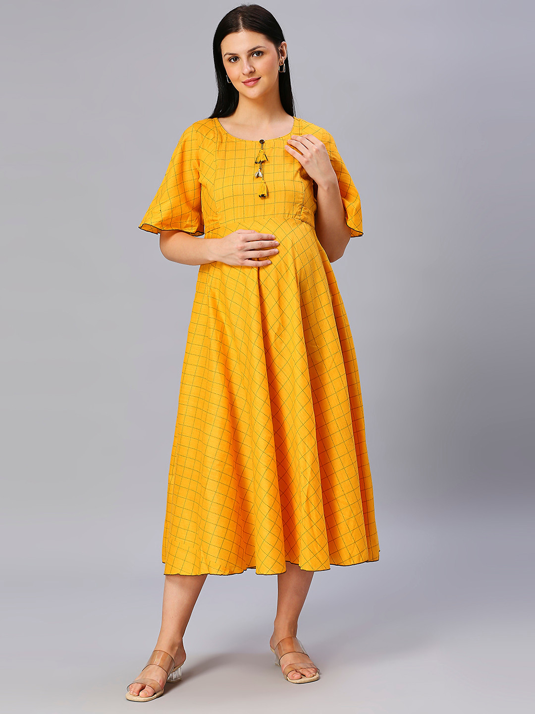 Buy DUMMY SHAPE Checked Flared Sleeves Pure Cotton Maternity Maxi A ...