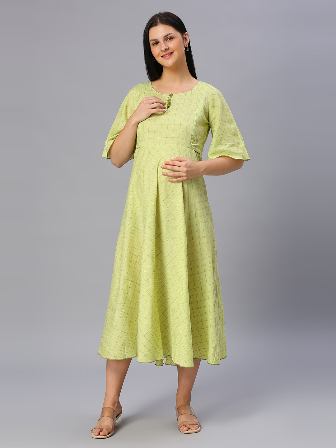Buy DUMMY SHAPE Checked Flared Sleeves Pure Cotton Maternity Maxi A ...