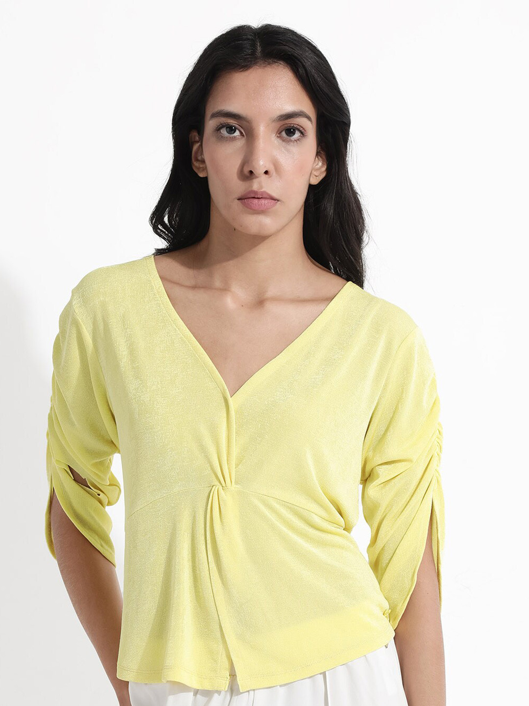 Buy RAREISM V Neck Gathered Ruched Semi Sheer Top - Tops for Women ...