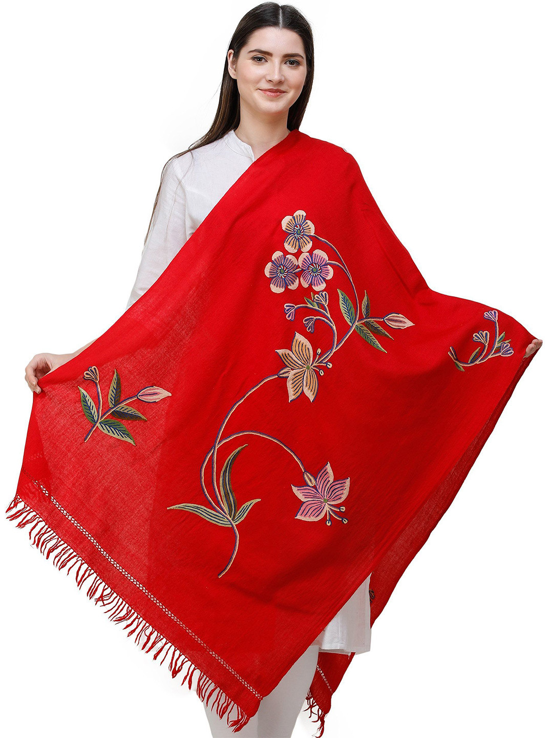 Buy Exotic India Rococco Red Hand Embroidered Multicolor Flowers And ...