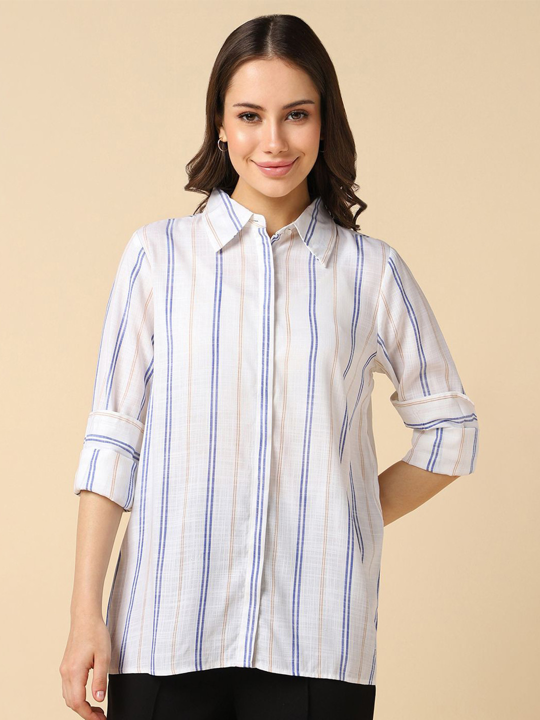 Buy Allen Solly Woman Vertical Striped Concealed Button Placket Casual ...