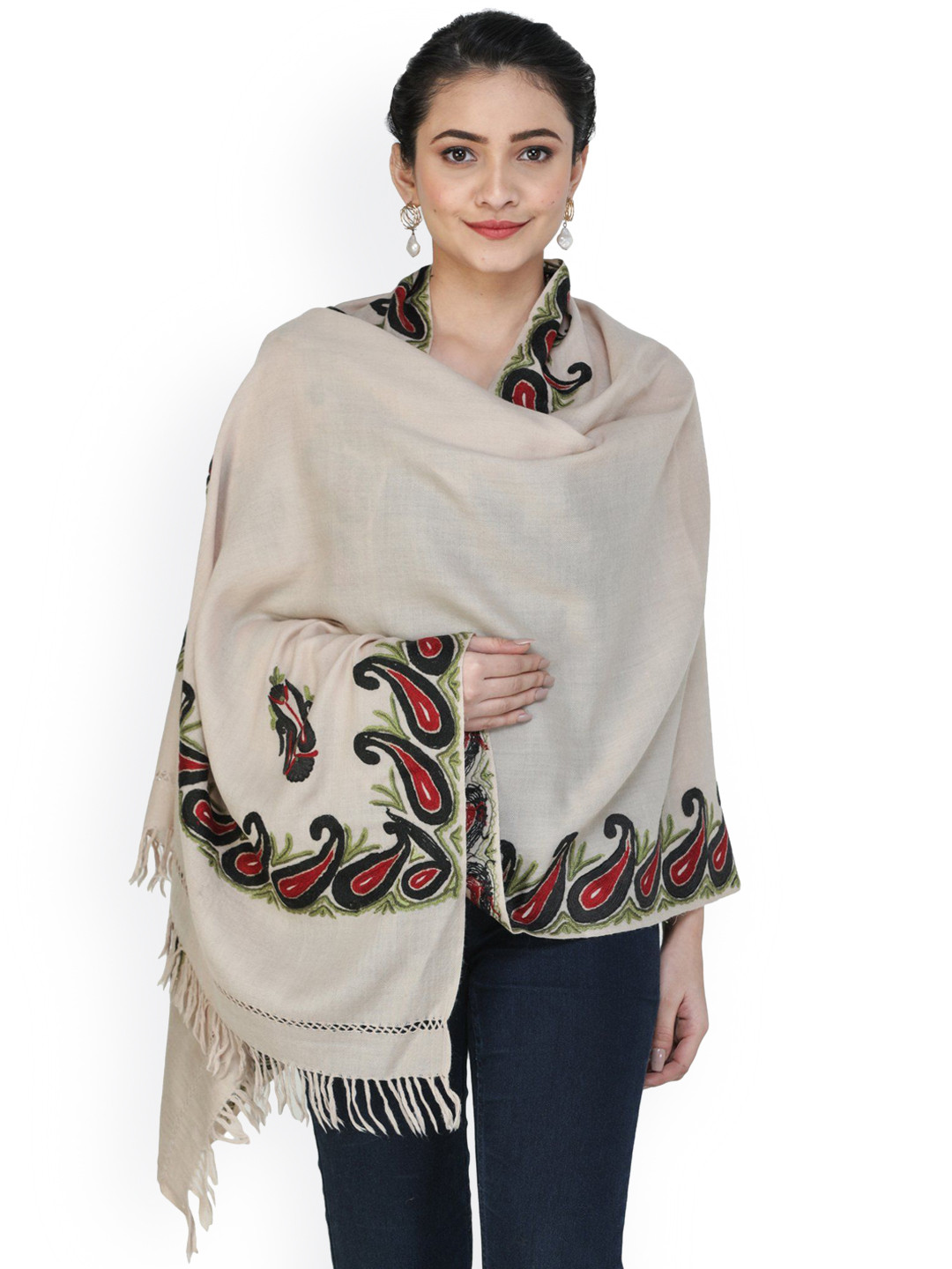 Buy Exotic India Turtle Dove Woolen Kashmiri Shawl With Aari Hand ...