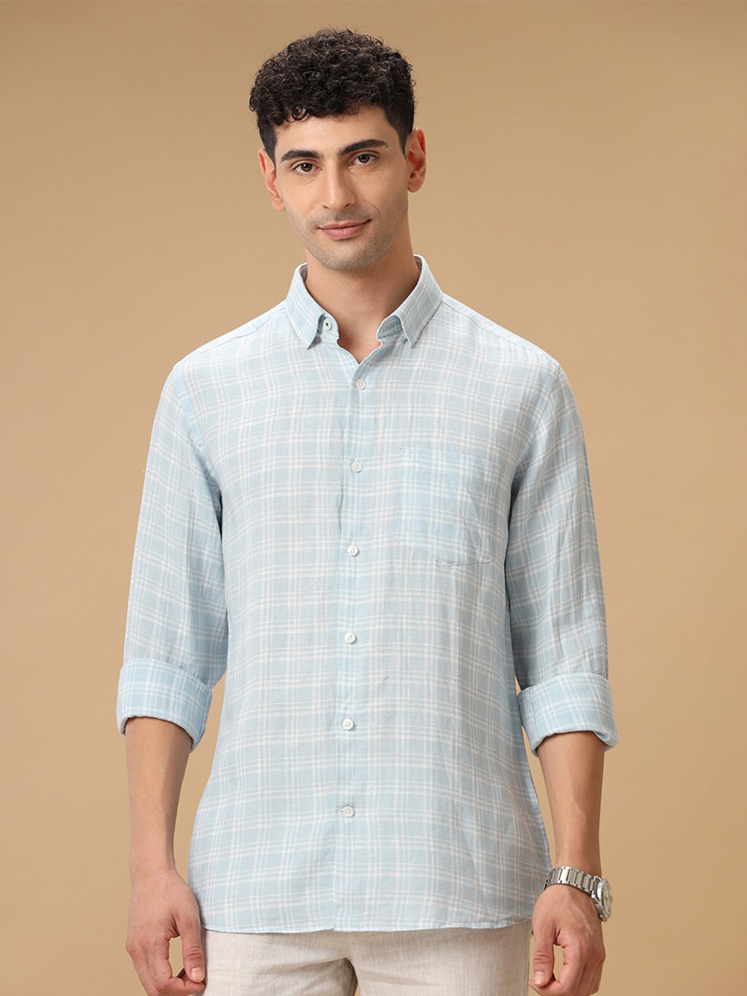 Buy Linen Club Contemporary Slim Fit Checked Pure Linen Casual Shirt ...