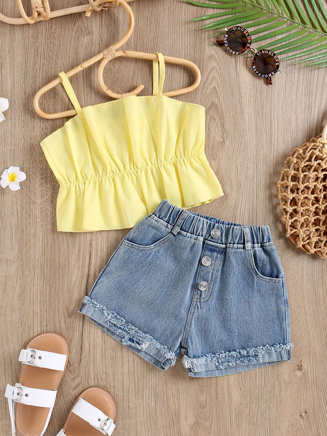 Buy INCLUD Girls Shoulder Straps Top With Denim Shorts Set - Clothing ...