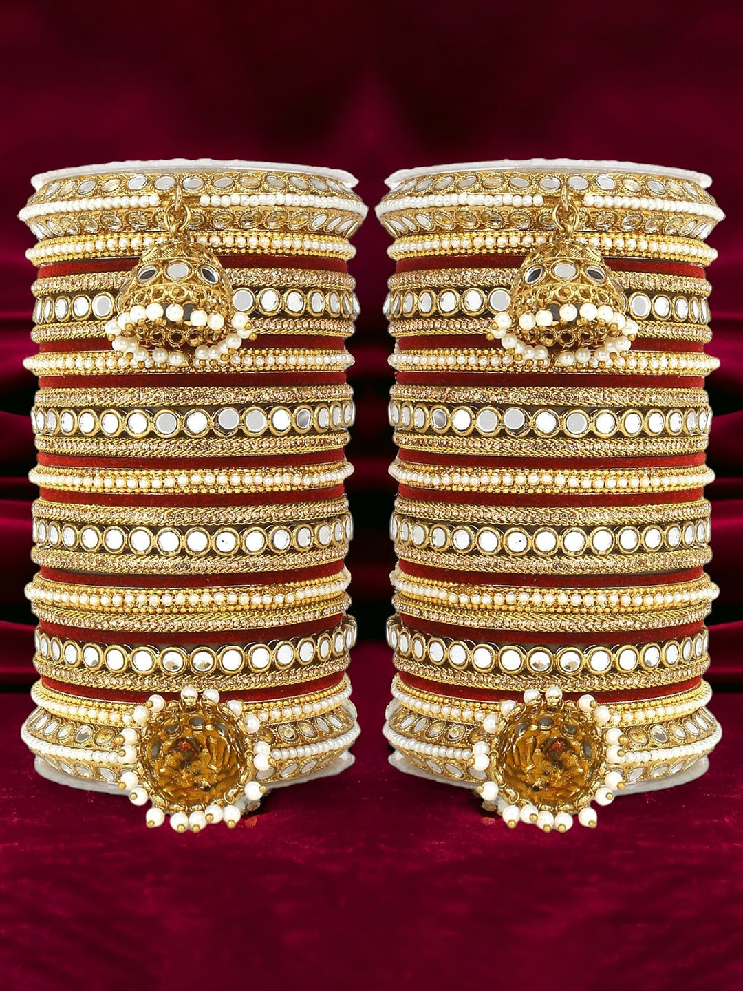 Buy Leshya Set Of 54 Brass Plated Stone Studded & Beaded Mirror Bangles ...