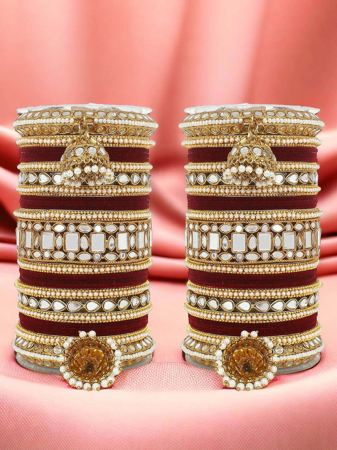 Buy Leshya Set Of 50 Brass Plated Stone Studded & Beaded Mirror Bangles ...