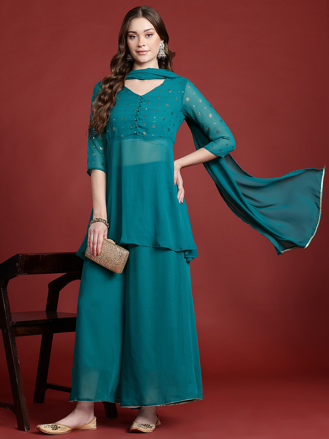 Buy Anouk Semi Sheer A Line Kurti With Palazzos & Dupatta - Kurta Sets ...