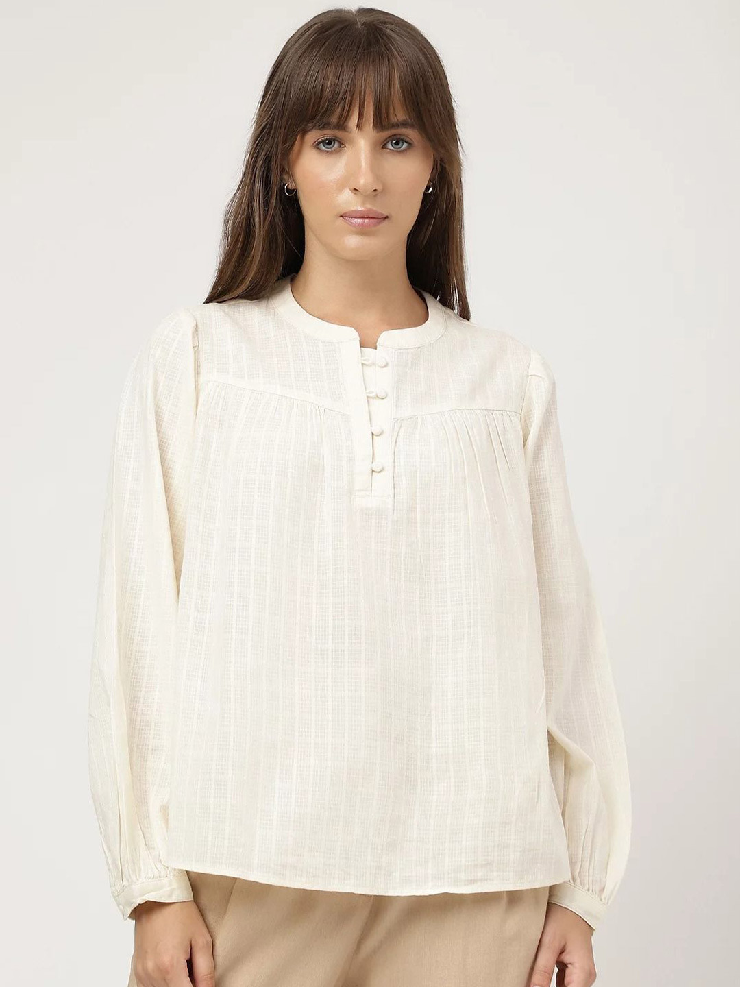 Buy Marks & Spencer Geometric Self Design Mandarin Collar Pure Cotton ...