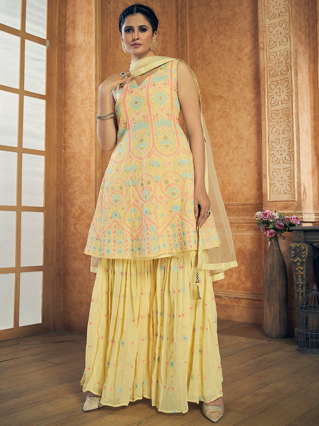 Buy Fusionic Ethnic Motifs Embroidered Pleated Thread Work A Line Kurta With Sharara & Dupatta ...
