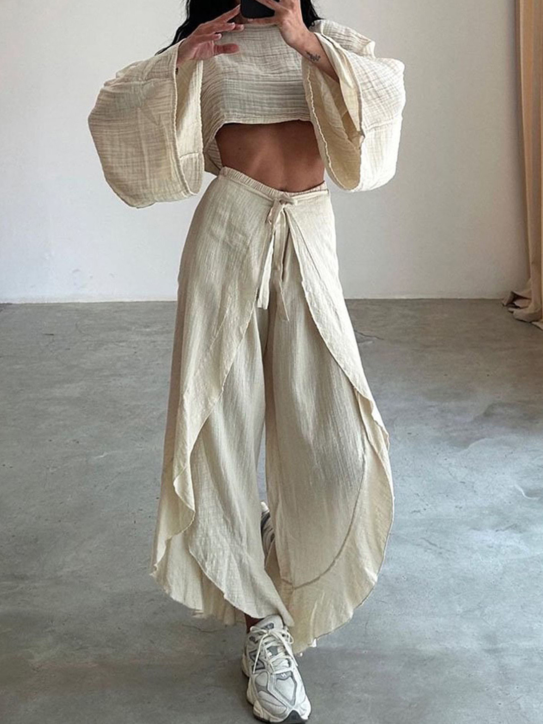 Buy LULU & SKY Solid Crinkled Crop Top & Wrap Around Pants Co Ords - Co ...