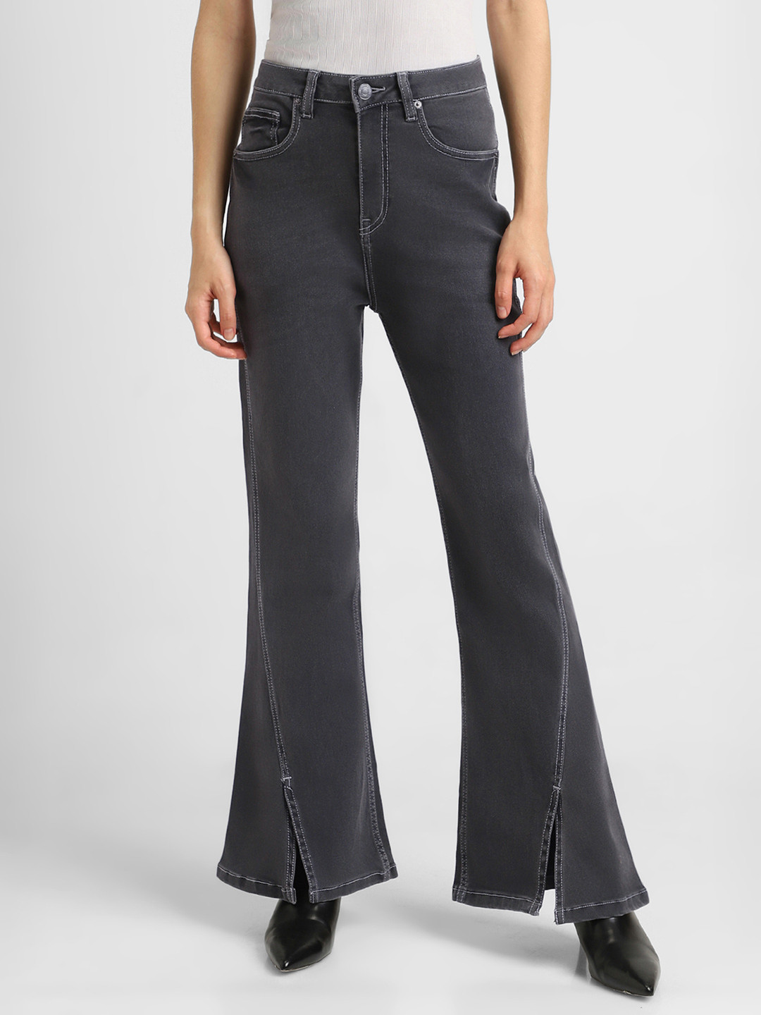 Buy FOREVER 21 Women Clean Look No Fade Dark Shade High Rise Flared Fit ...