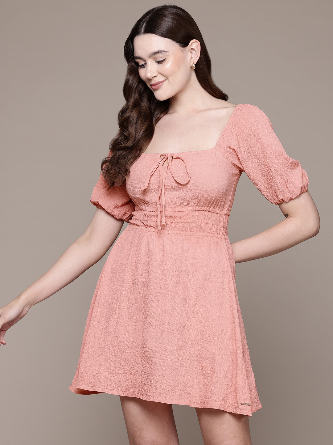 Buy Nautica Tie Up Neck Textured Smocked Fit & Flare Dress - Dresses ...