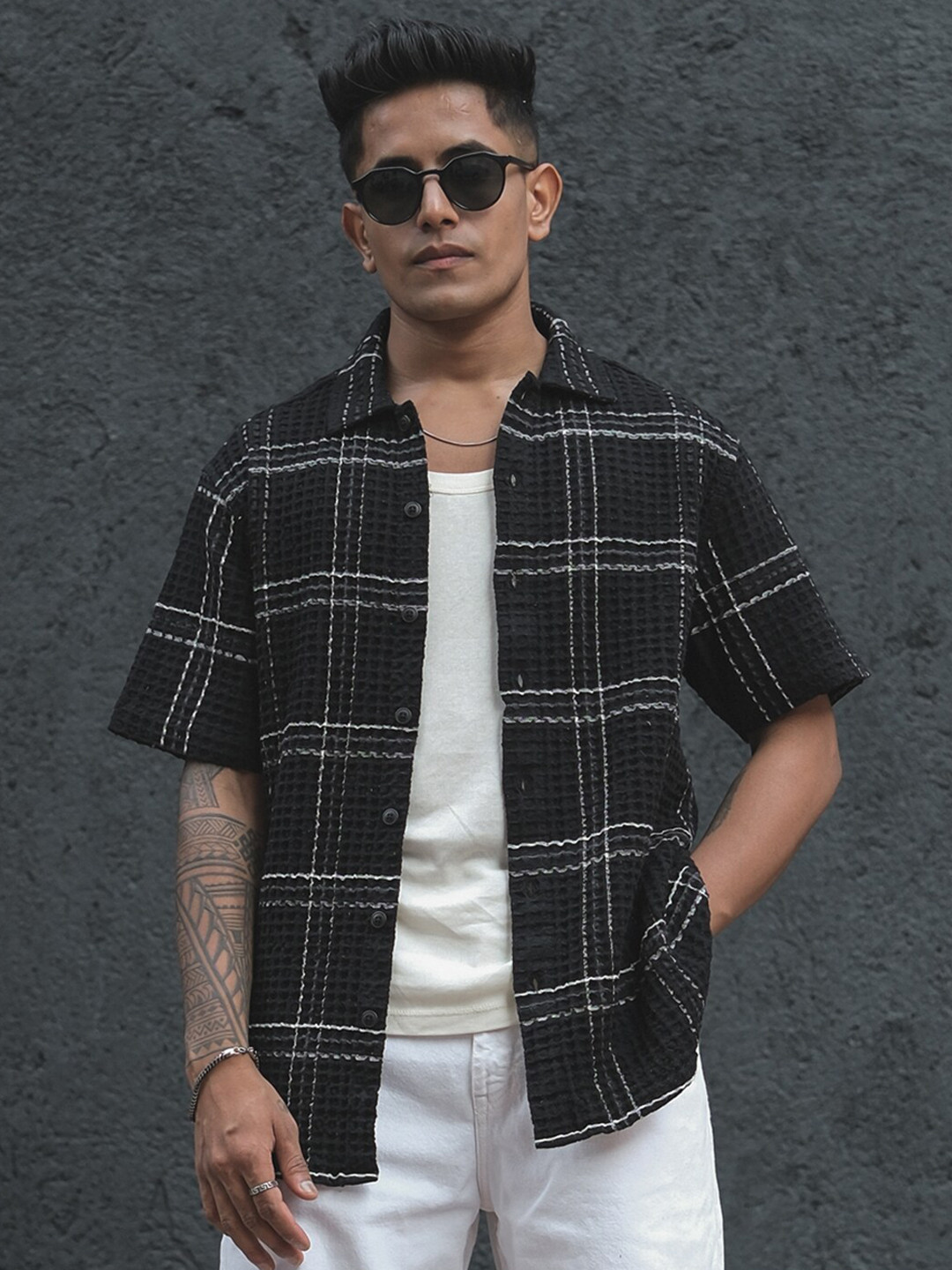 Buy Powerlook India Slim Tartan Checks Spread Collar Short Sleeves ...