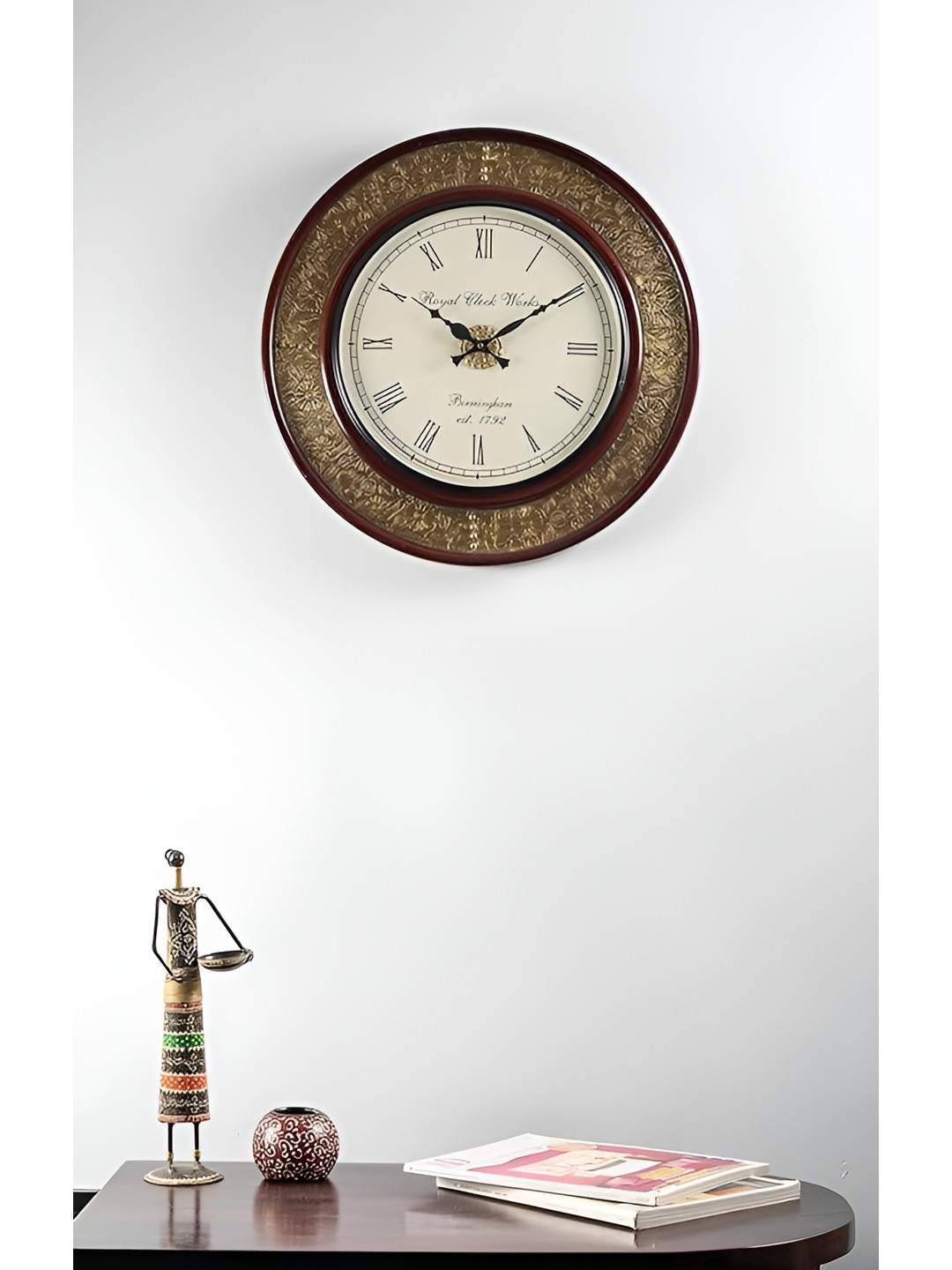 Buy Vedas Adults Unisex Textured Wooden & Brass Wall Clock With Dial ...