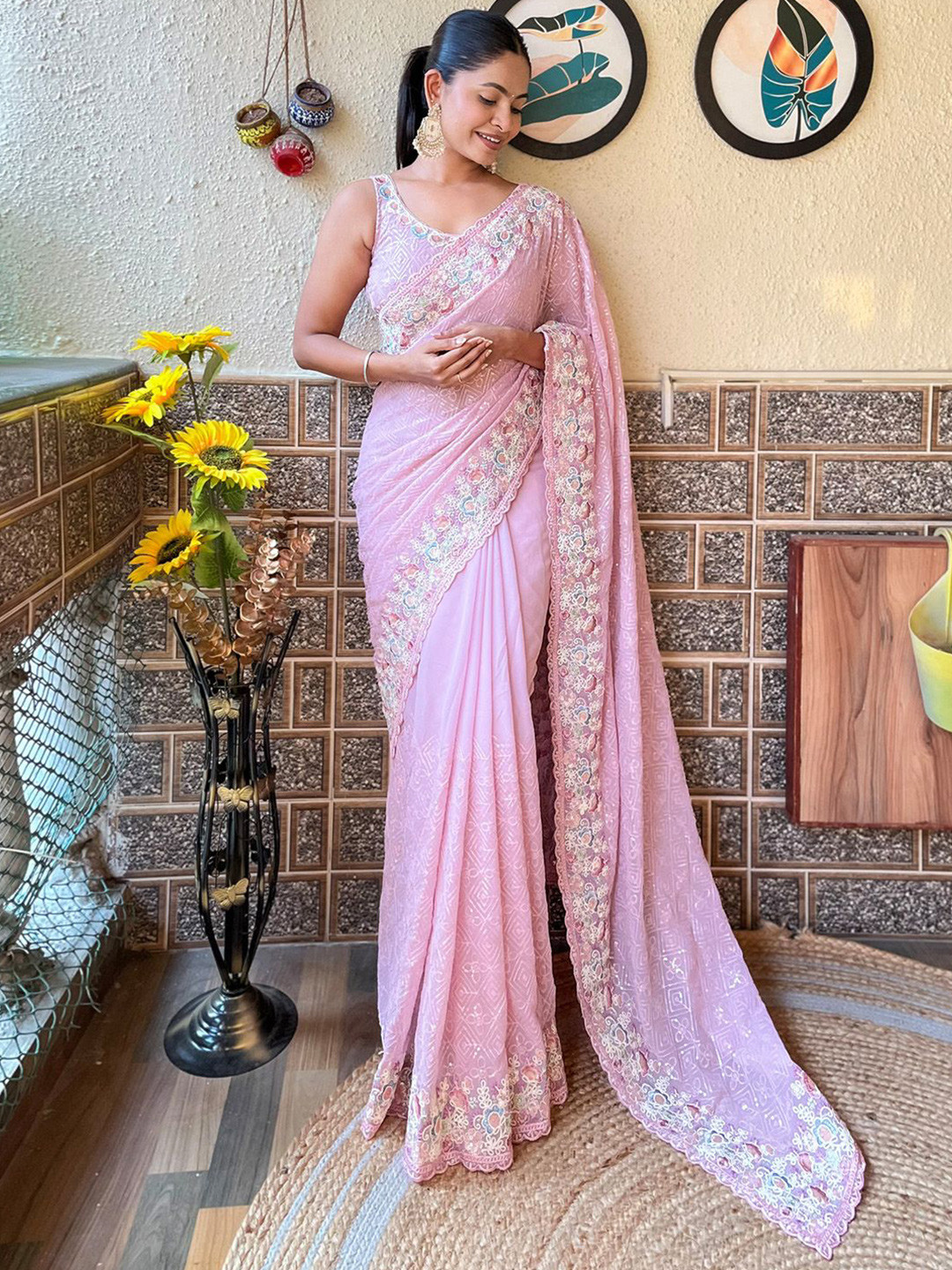 Buy Mitera Ethnic Motifs Sequinned Pure Georgette Designer Saree ...
