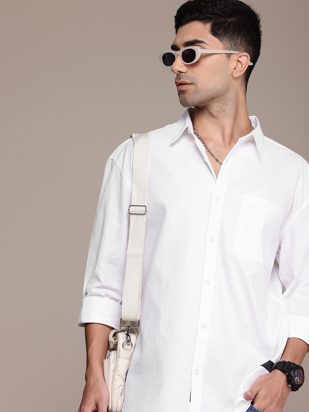 Buy Roadster Self Design Textured Spread Collar Relaxed Fit Casual ...