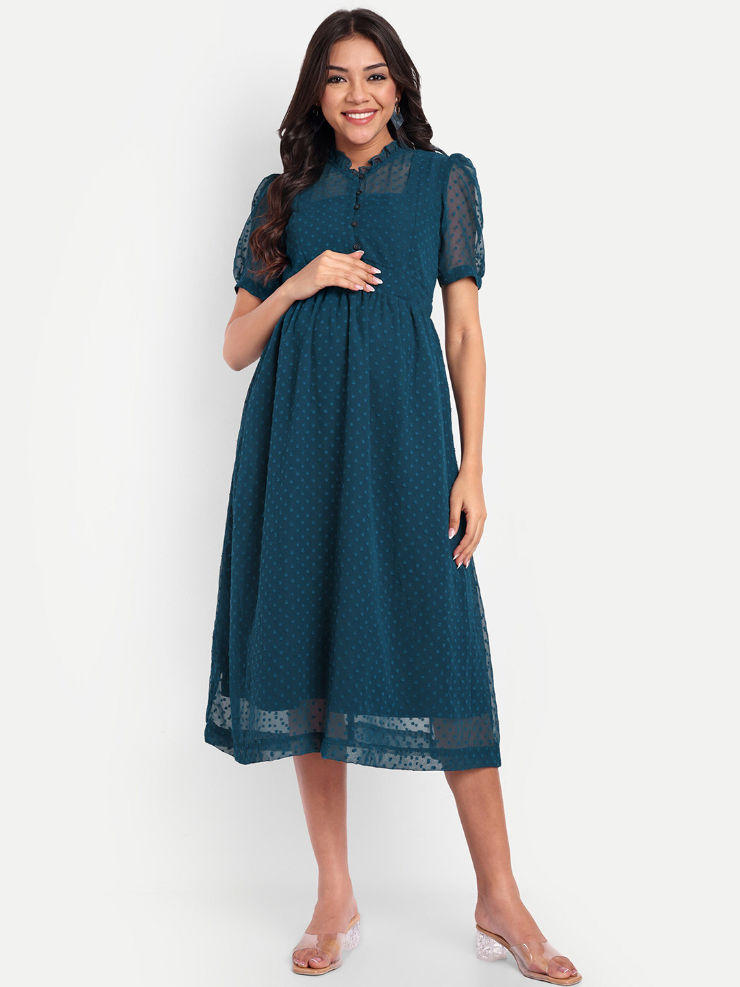 Buy THOTTIL Maternity Puffed Sleeve Fit & Flare Midi Dress - Dresses ...