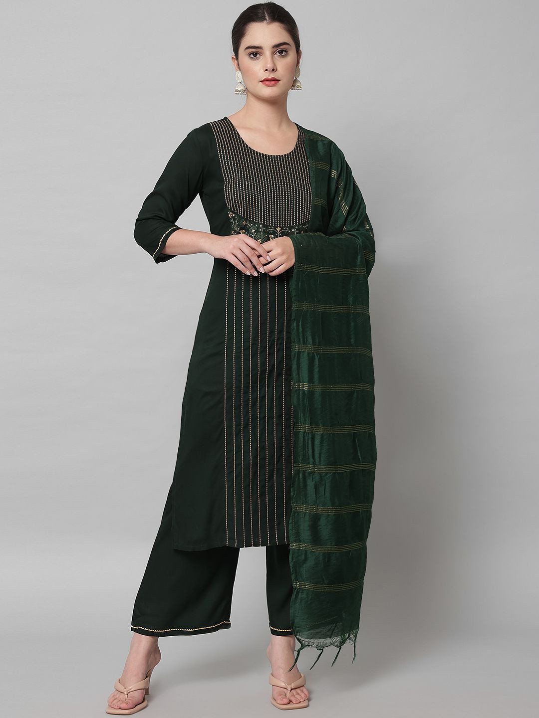 Buy ANGITA Women Striped Regular Thread Work Kurta With Trousers & With ...