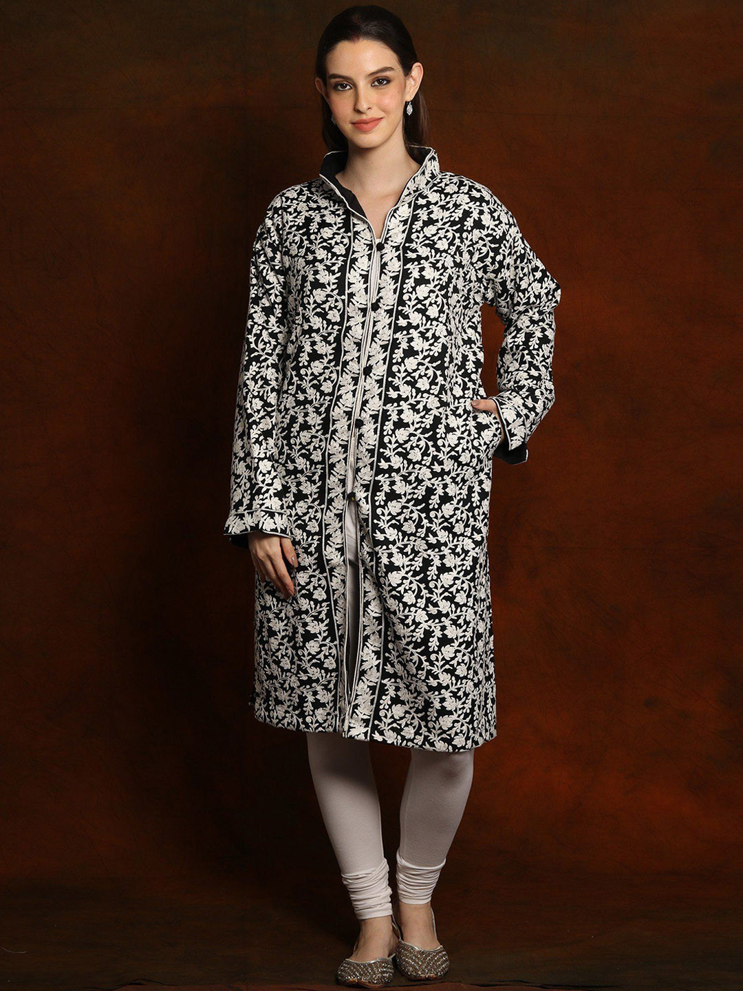 Buy Exotic India Women Pure Wool Aari Embroidered Kashmiri Longline ...