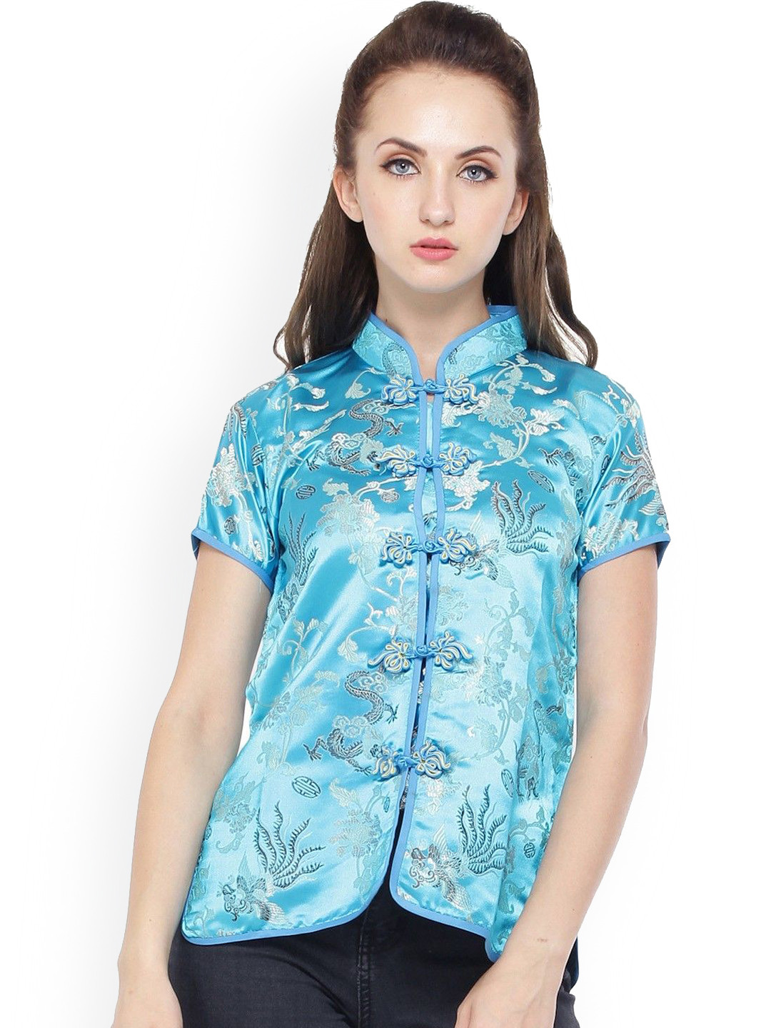 Buy Exotic India Hawaiian Ocean Brocaded Cheongsam Silk Jacket With ...
