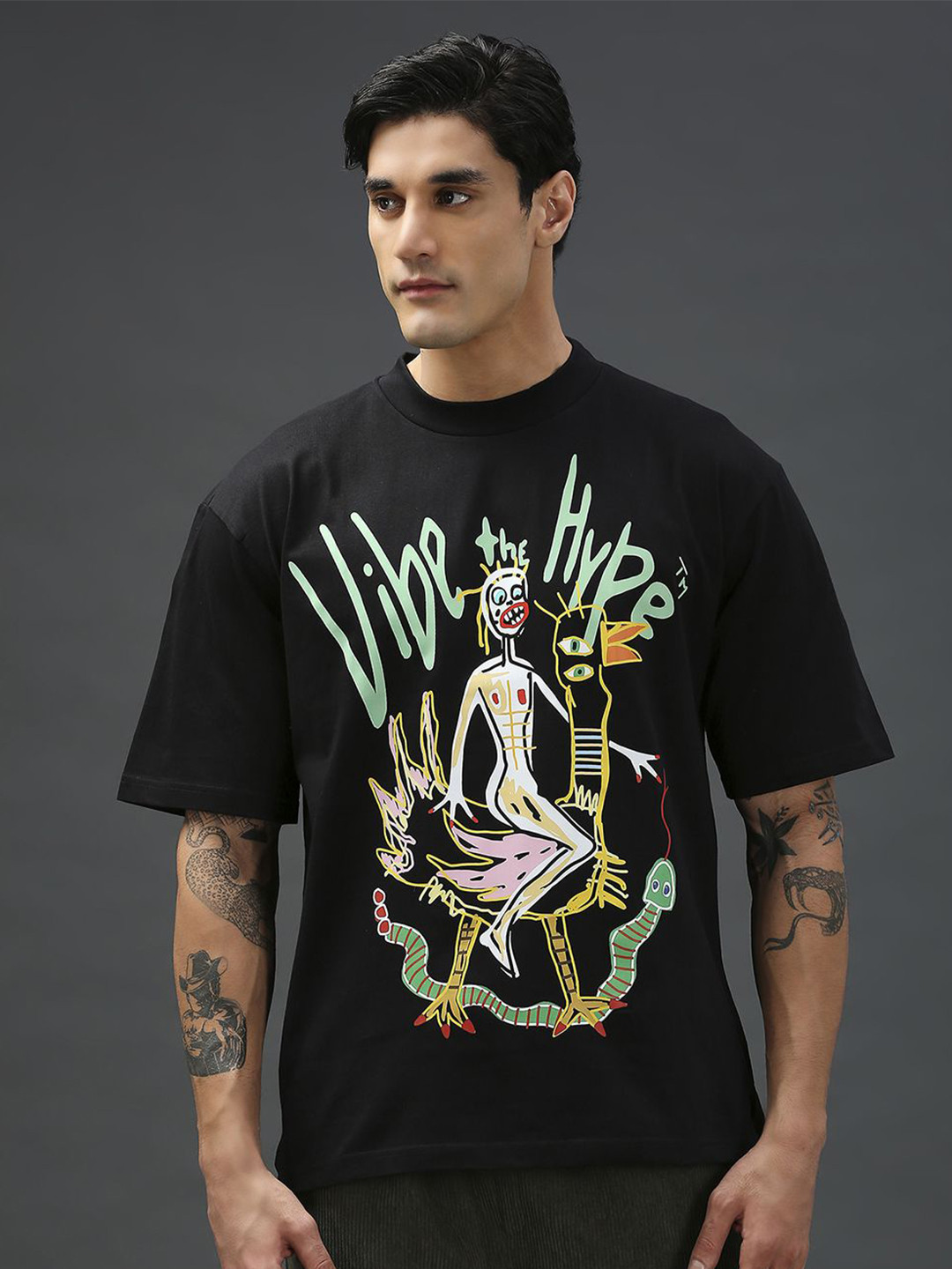 Buy Vibe The Hype Men Graphic Printed Round Neck Oversized T Shirt ...