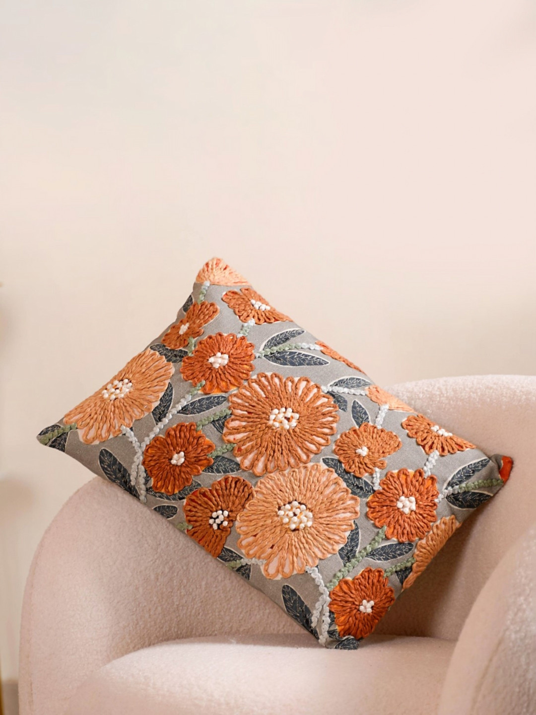 Buy Nestasia Grey & Orange Embroidered Rectangle Cushion Covers ...