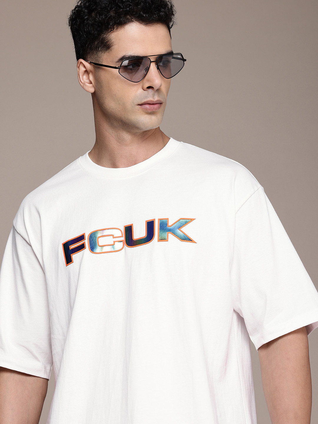 Buy FCUK Brand Logo Printed Drop Shoulder Sleeves Oversized Pure Cotton ...