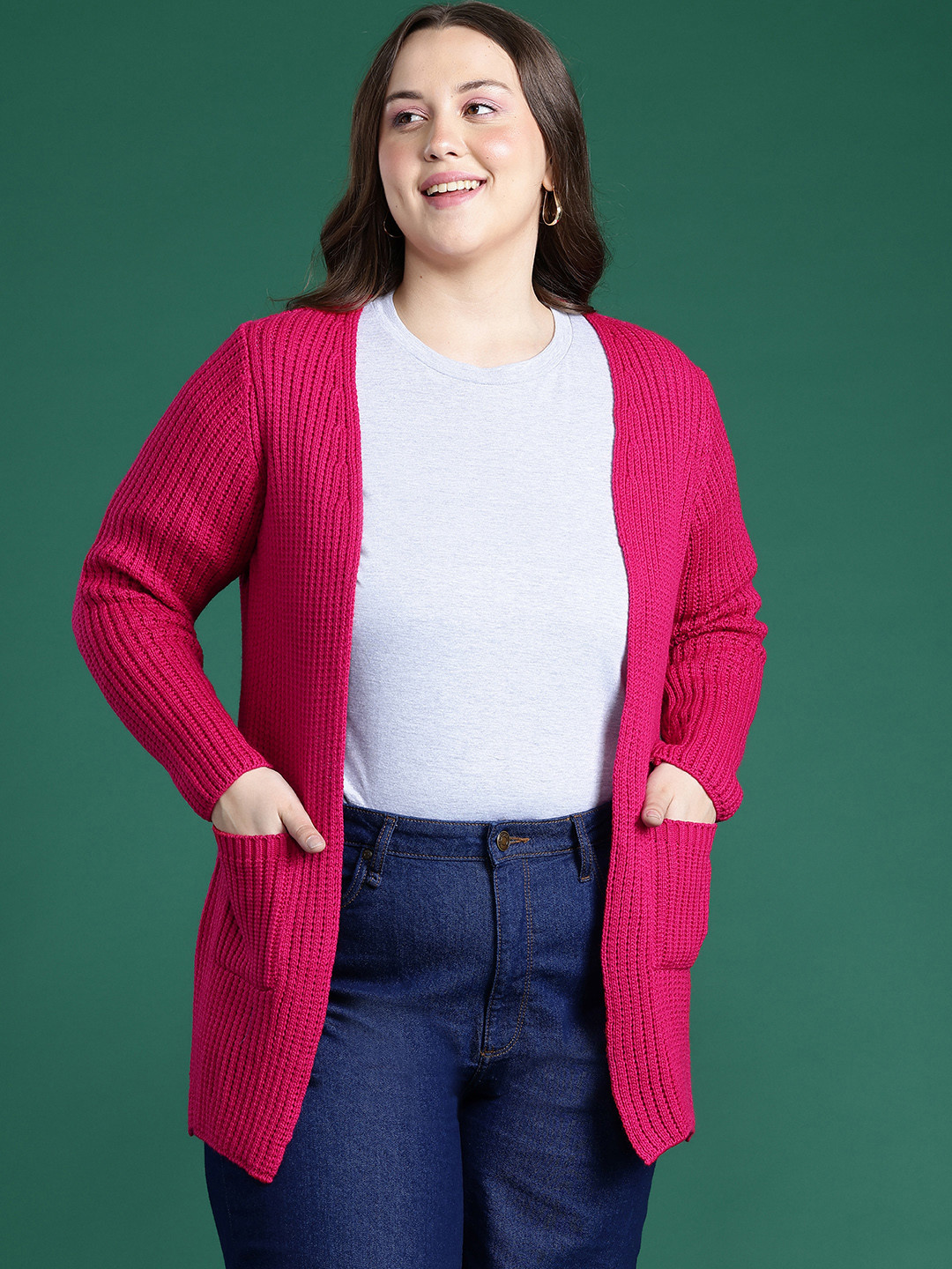 Buy DressBerry Curve Women Ribbed Acrylic Longline Front Open Sweater ...