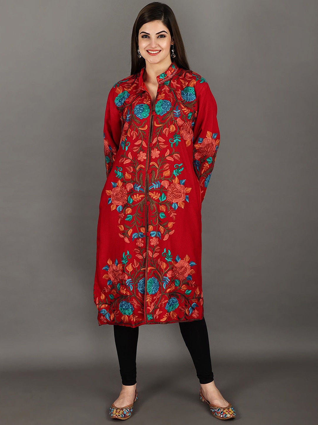 Buy Exotic India Urban Red Kashmiri Long Jacket With Aari Embroidered ...