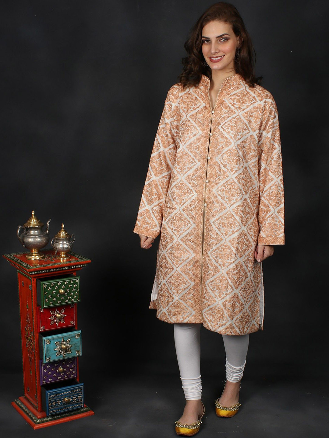 Buy Exotic India Women Wool Kashmiri Longline Jacket With Aari ...