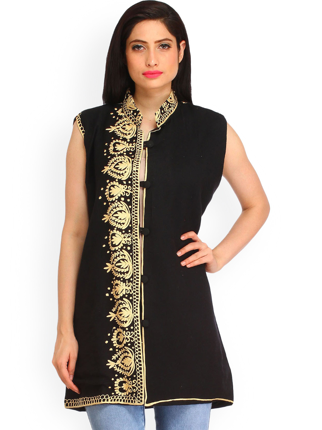 Buy Exotic India Aari Embroidered Pure Wool Jet Black Jacket - Jackets ...