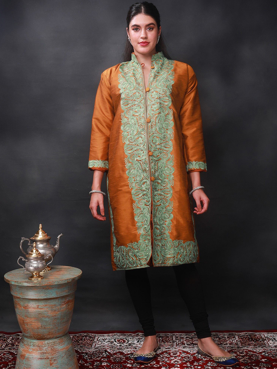 Buy Exotic India Rust Orange Kashmiri Long Jacket With Aari Embroidered ...