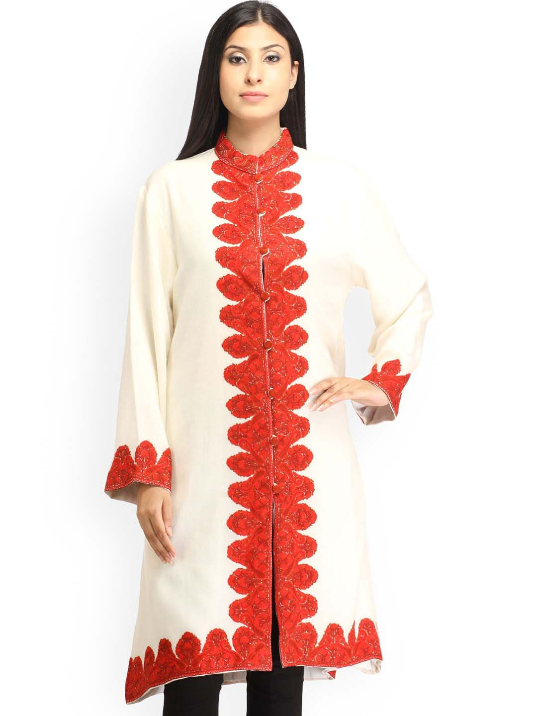 Buy Exotic India Ivory And Red Kashmiri Long Jacket With Aari Hand ...