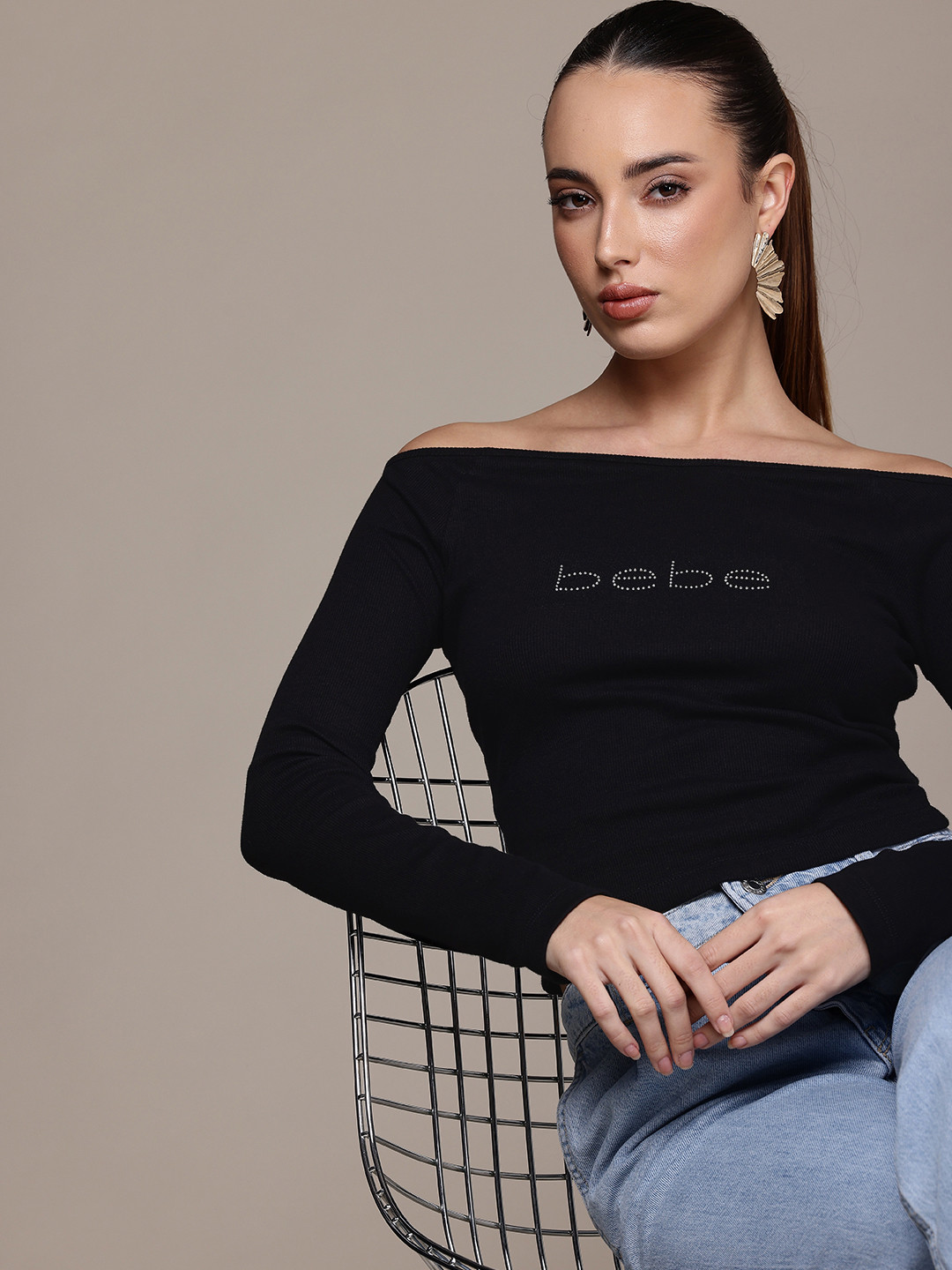 Buy Bebe Brand Logo Studded Embellished Off Shoulder Ribbed Fitted Top ...