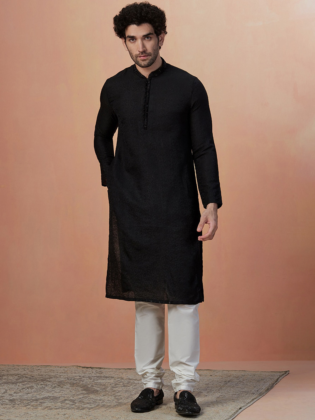 Buy Manyavar Men Woven Design Mandarin Collar Self Design Kurta ...