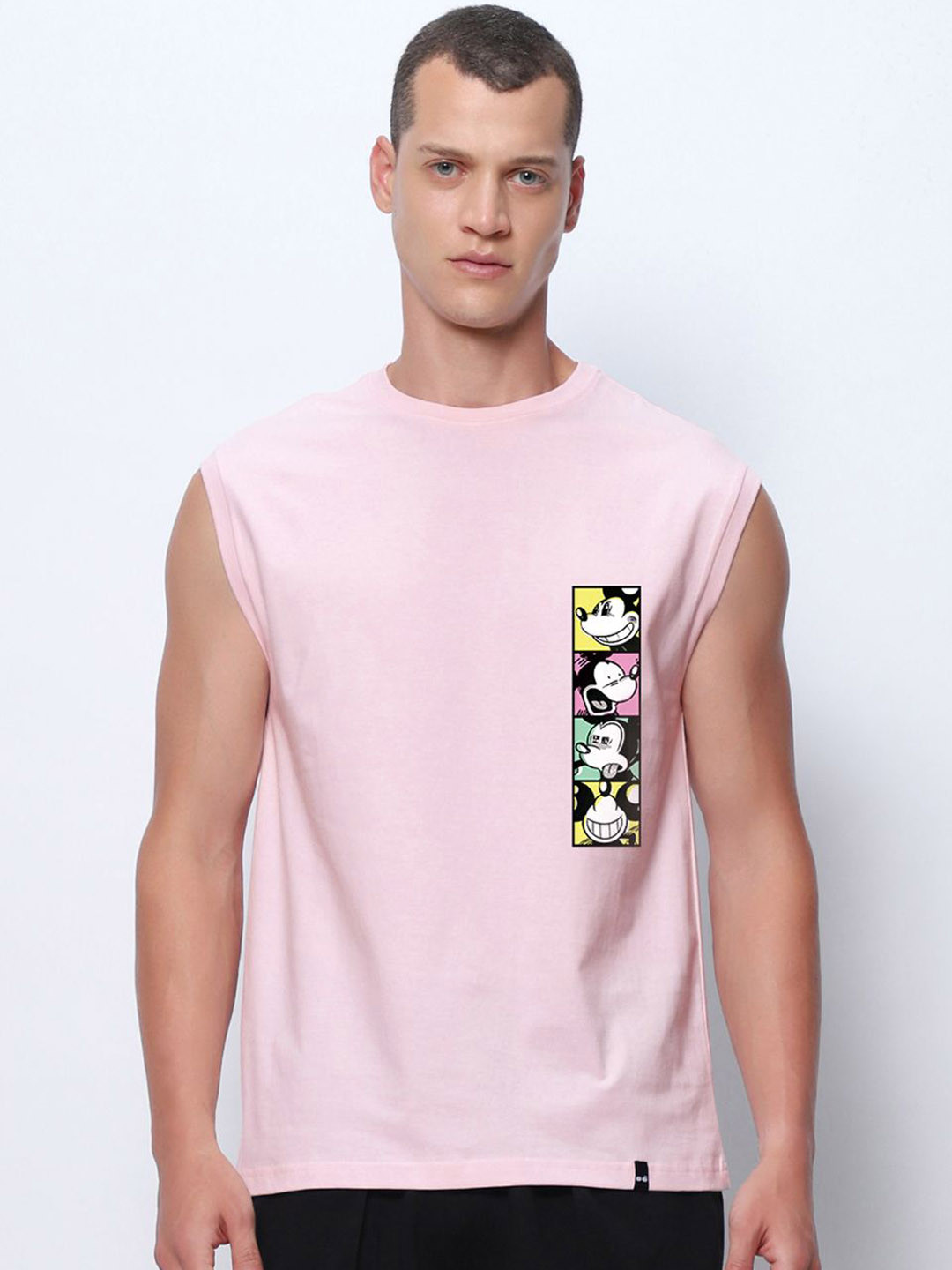 Buy Bewakoof Men Mickey Faces Graphic Printed Sleeveless Cotton T Shirt ...