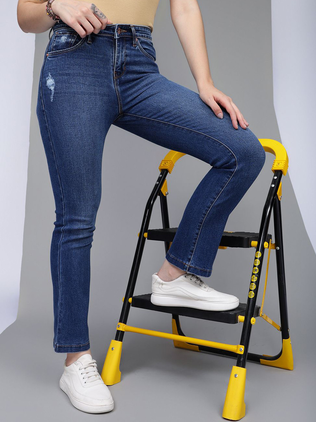 Buy Xpose Women Comfort Straight Fit High Rise Low Distress Light Fade ...