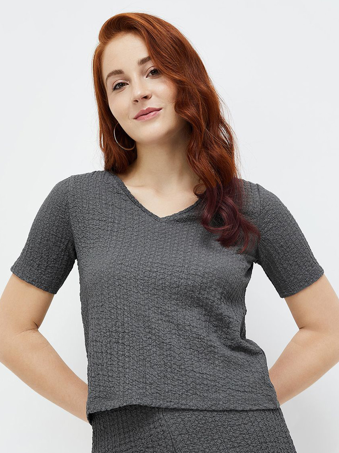 Buy CODE By Lifestyle V Neck Self Designed Solid Top - Tops for Women ...