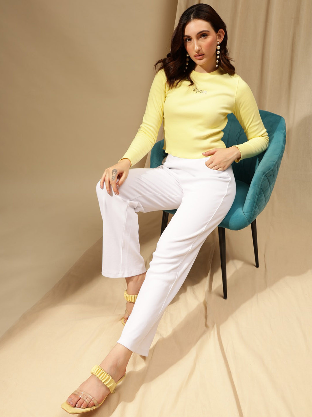 Buy Xpose Women Comfort High Rise Ribbed Wide Leg Trousers - Trousers ...