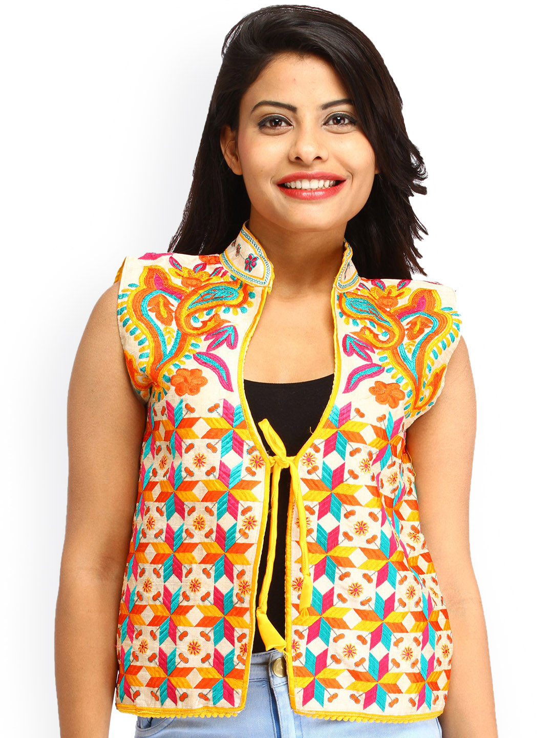Buy Exotic India Women Phulkari Embroidered Waistcoat - Jackets for ...