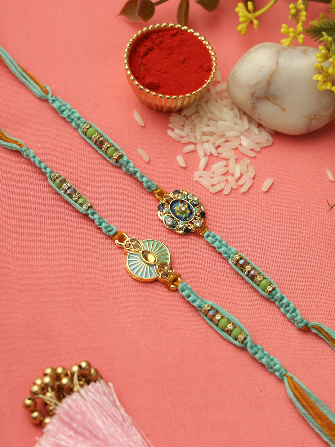 Buy Aapno Rajasthan Set Of 2 Beaded Rakhi With Roli Chawal & Greeting ...