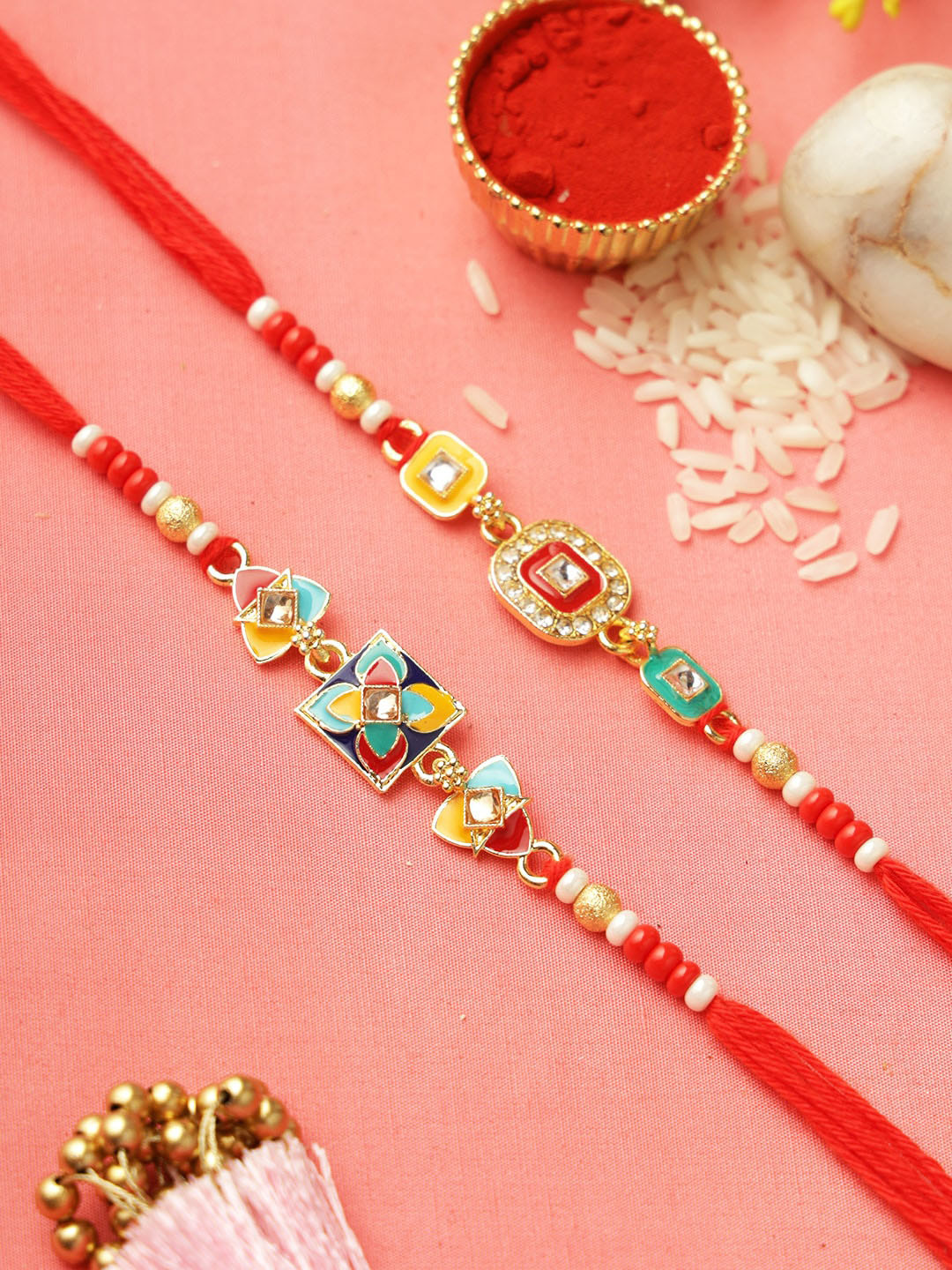 Buy Aapno Rajasthan Set Of 2 Geometric Beaded Rakhi With Roli Chawal ...