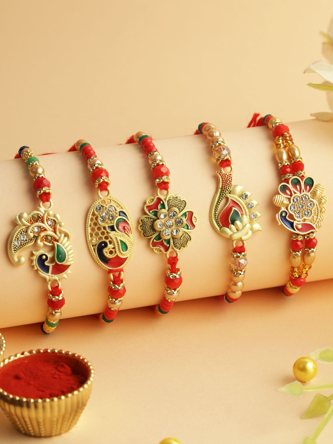 Buy Aapno Rajasthan Set Of 5 Stone Studded & Beaded Rakhis With Roli ...