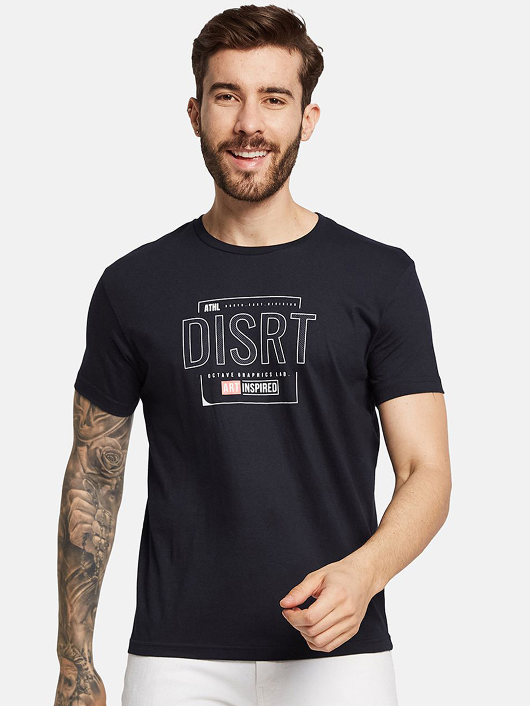 Buy Octave Men Typography Printed Round Neck Pure Cotton T Shirt ...