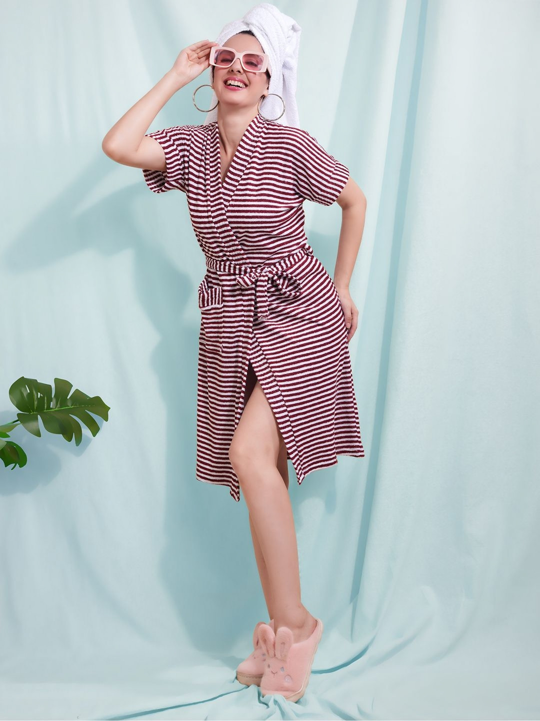 Buy LacyLook Women Maroon & White Striped Bath Robe - Bath Robe for ...