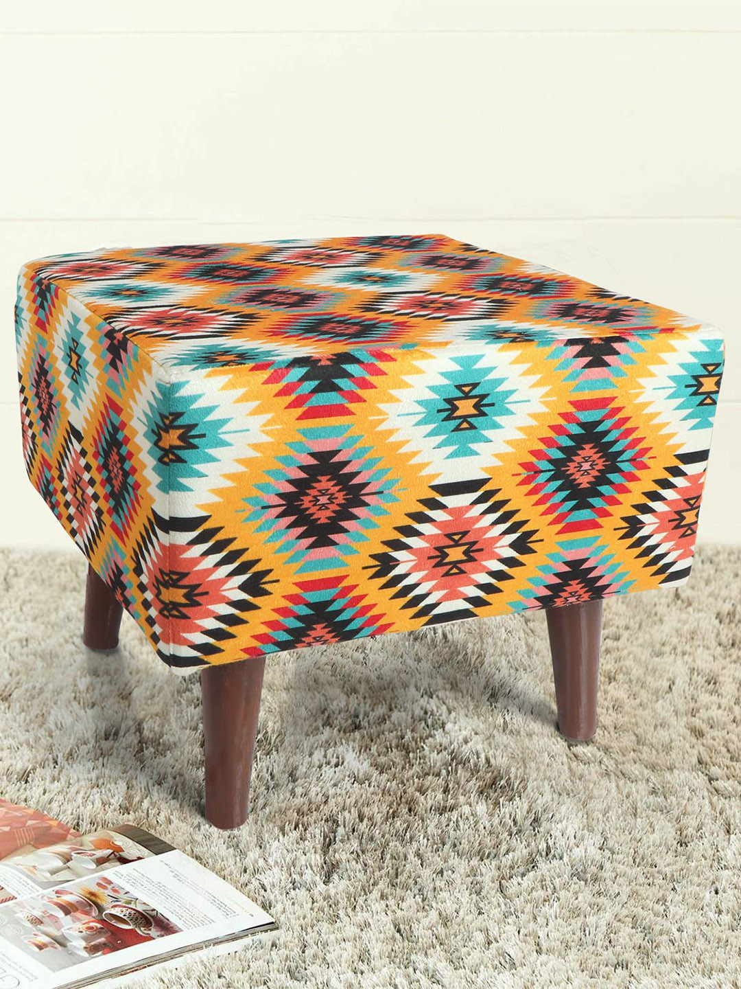 Buy THE HOME CO. Yellow & Blue Printed Wooden Ottoman - Ottomans for ...