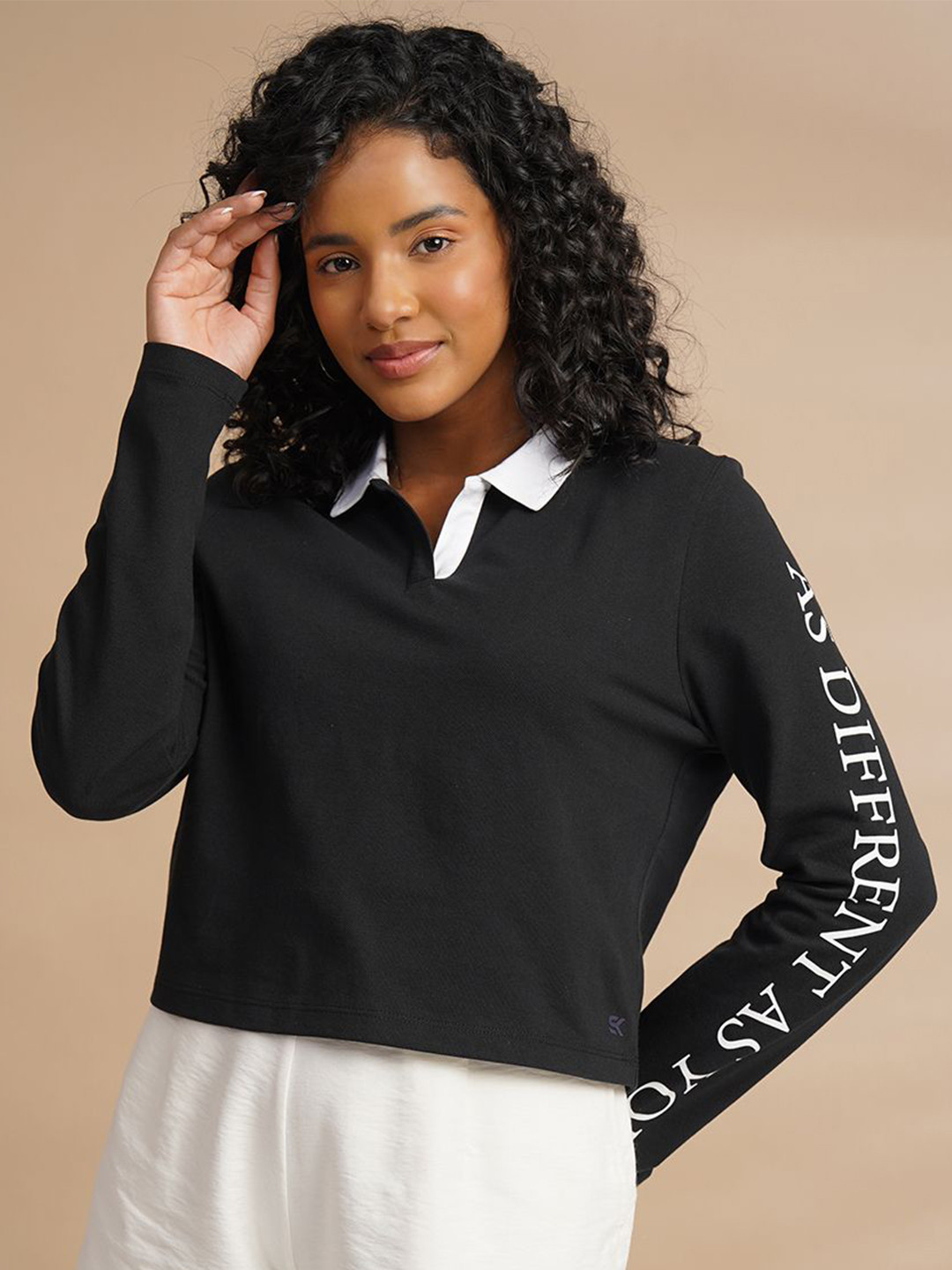 Buy One Sky Women Typography Printed Polo Collar Long Sleeves Cotton T ...