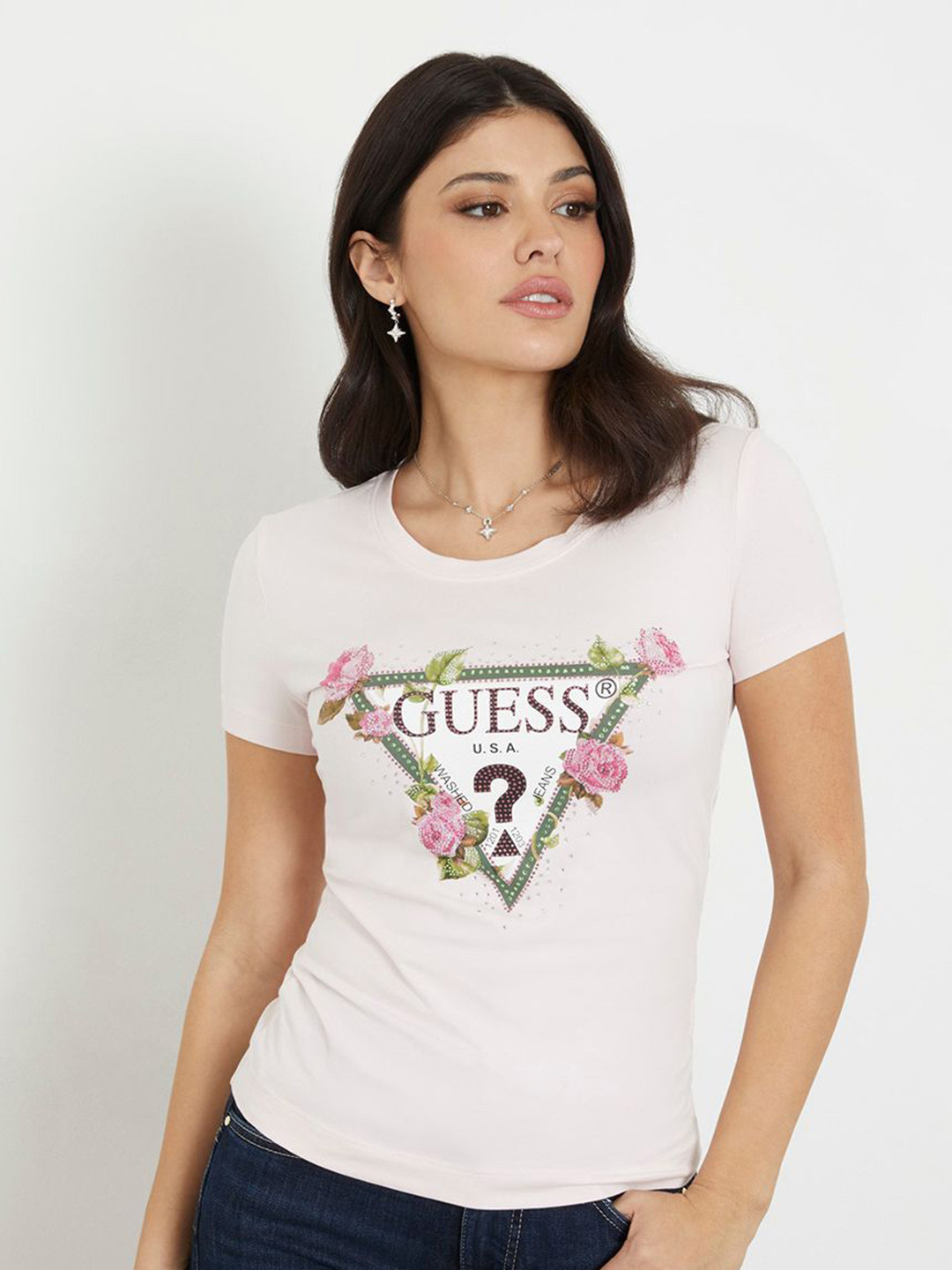 Buy GUESS Women Typography Printed Round Neck Slim Fit T Shirt ...