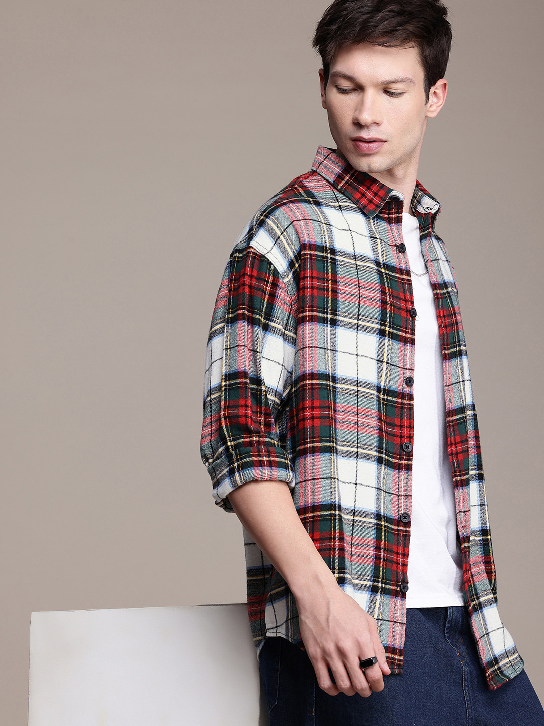 Buy WROGN Oversized Fit Tartan Checks Opaque Flannel Casual Shirt ...