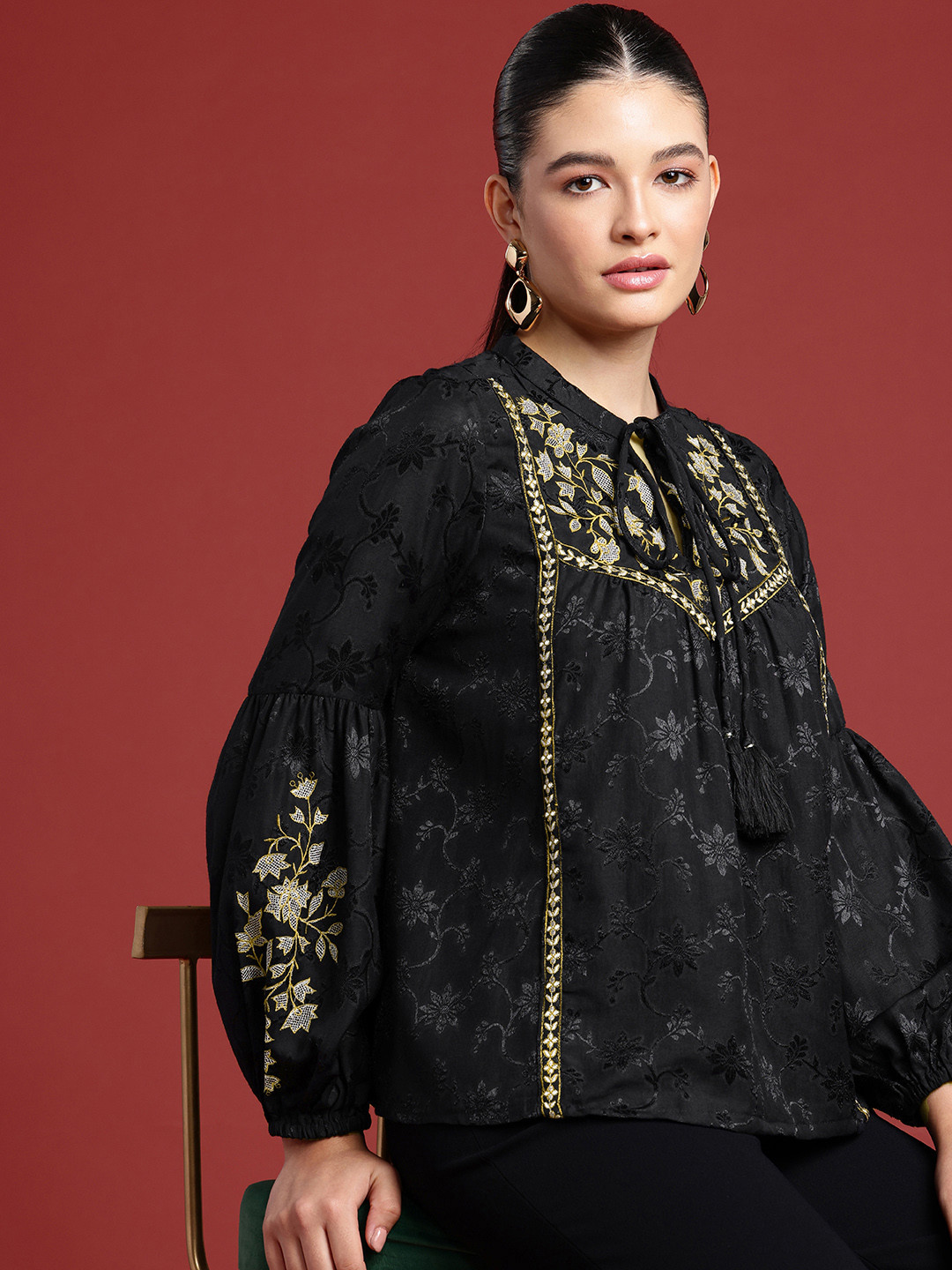 Buy All About You Self Design Floral Embroidered Tie Up Neck Puff ...